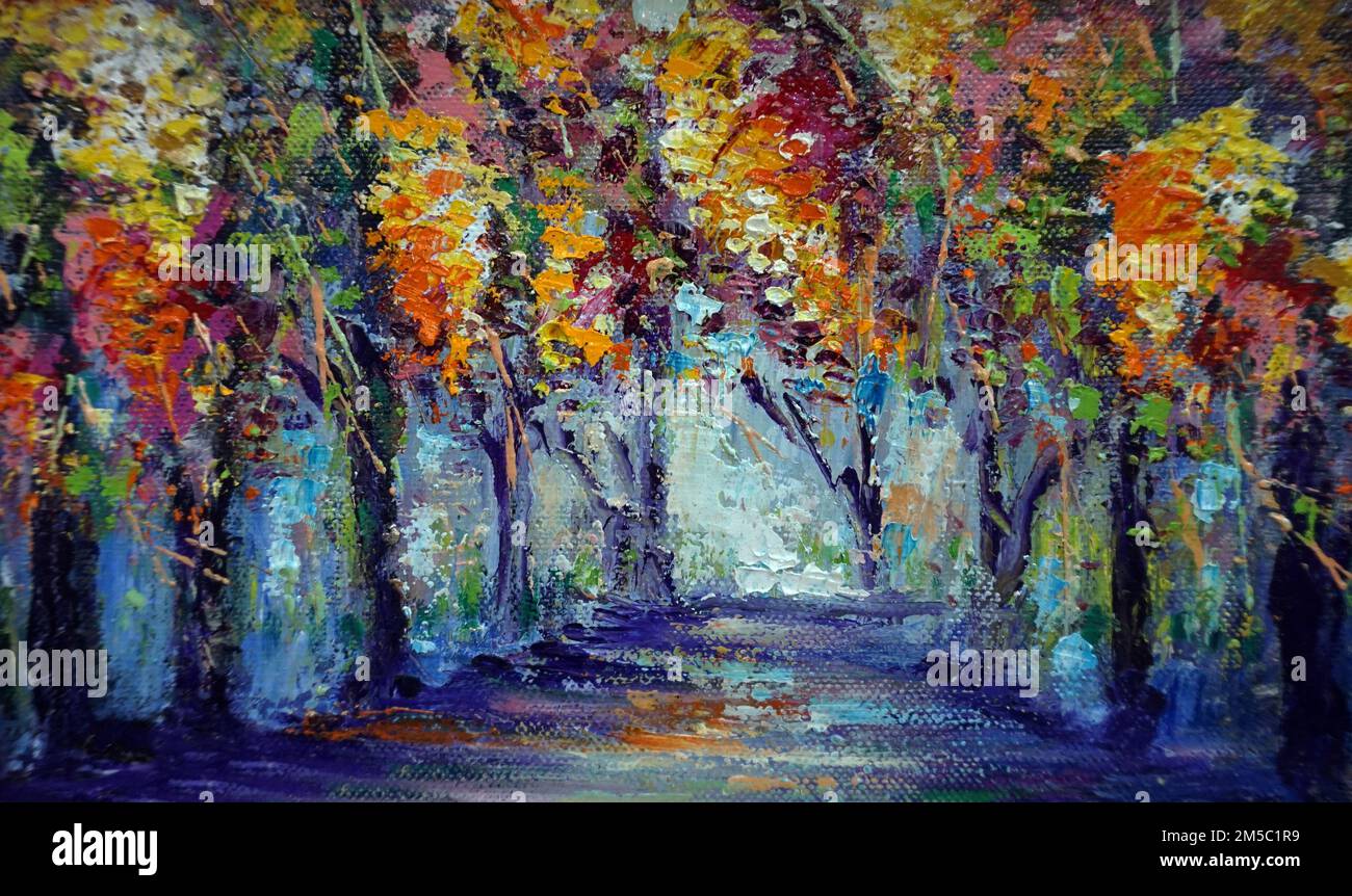 oil painting Pathway with trees and Multiply flower Stock Photo - Alamy
