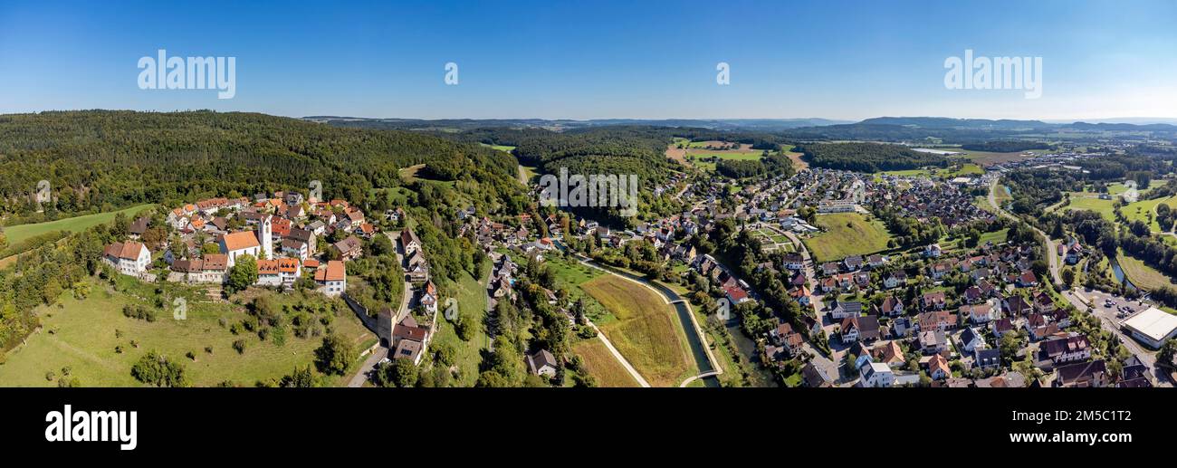 Aerial view of the town of Aach im Hegau with the historic district of ...