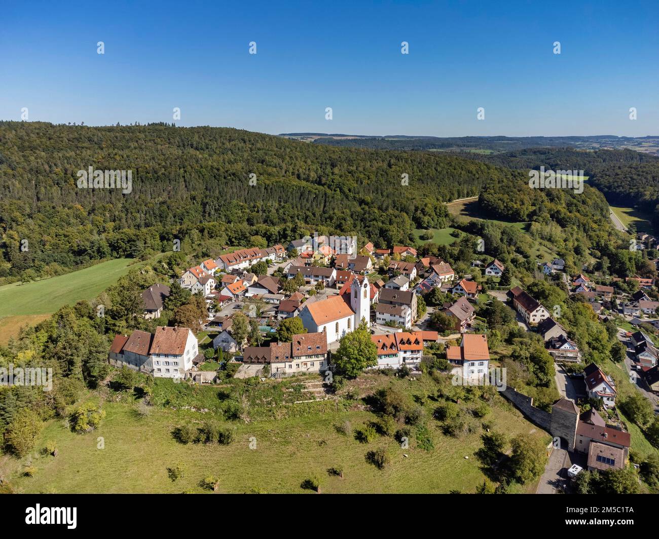 Aerial view of the historic old town of Aach im Hegau, Constance ...