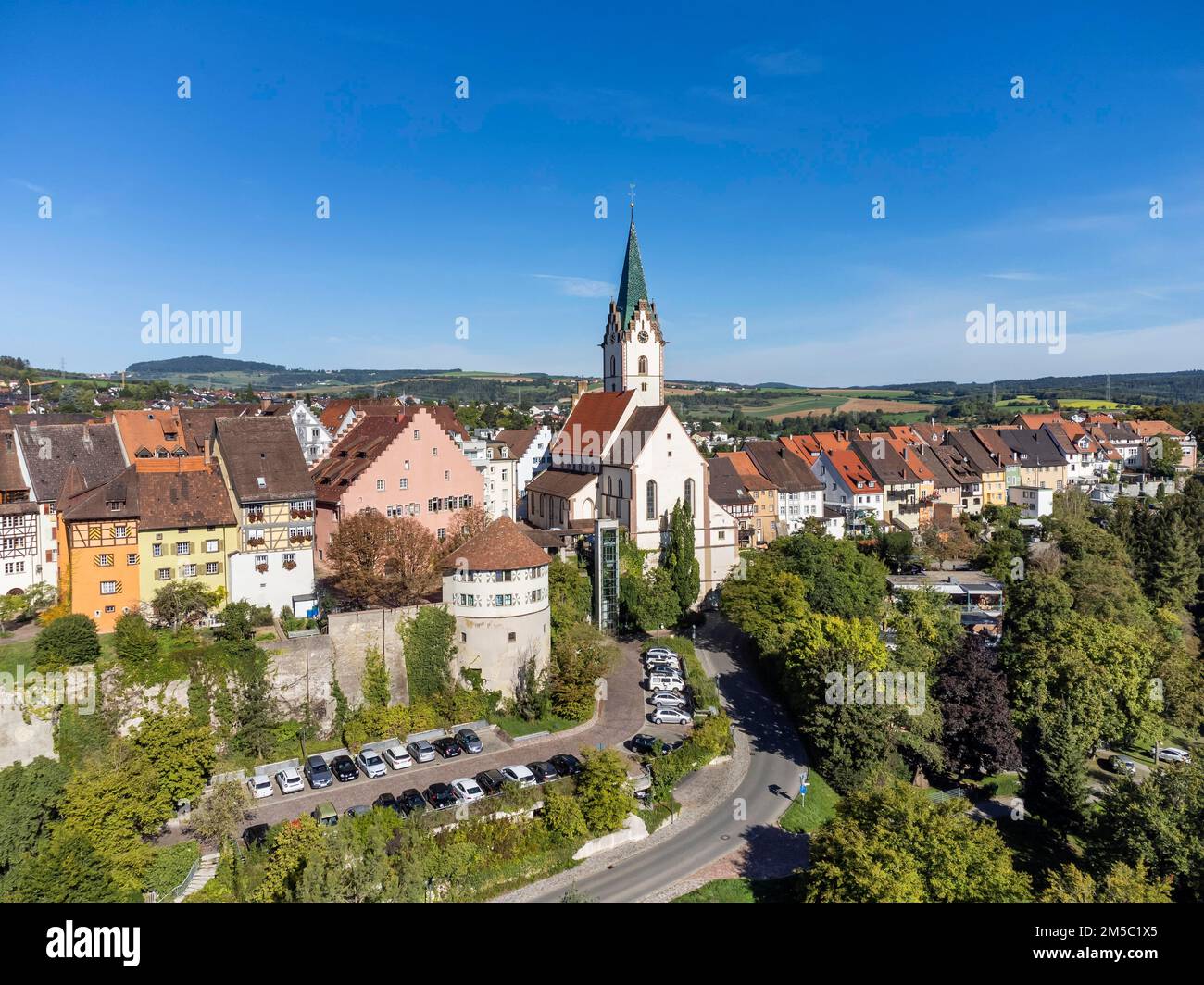Aerial view of the town of Engen with the Church of the Assumption of ...