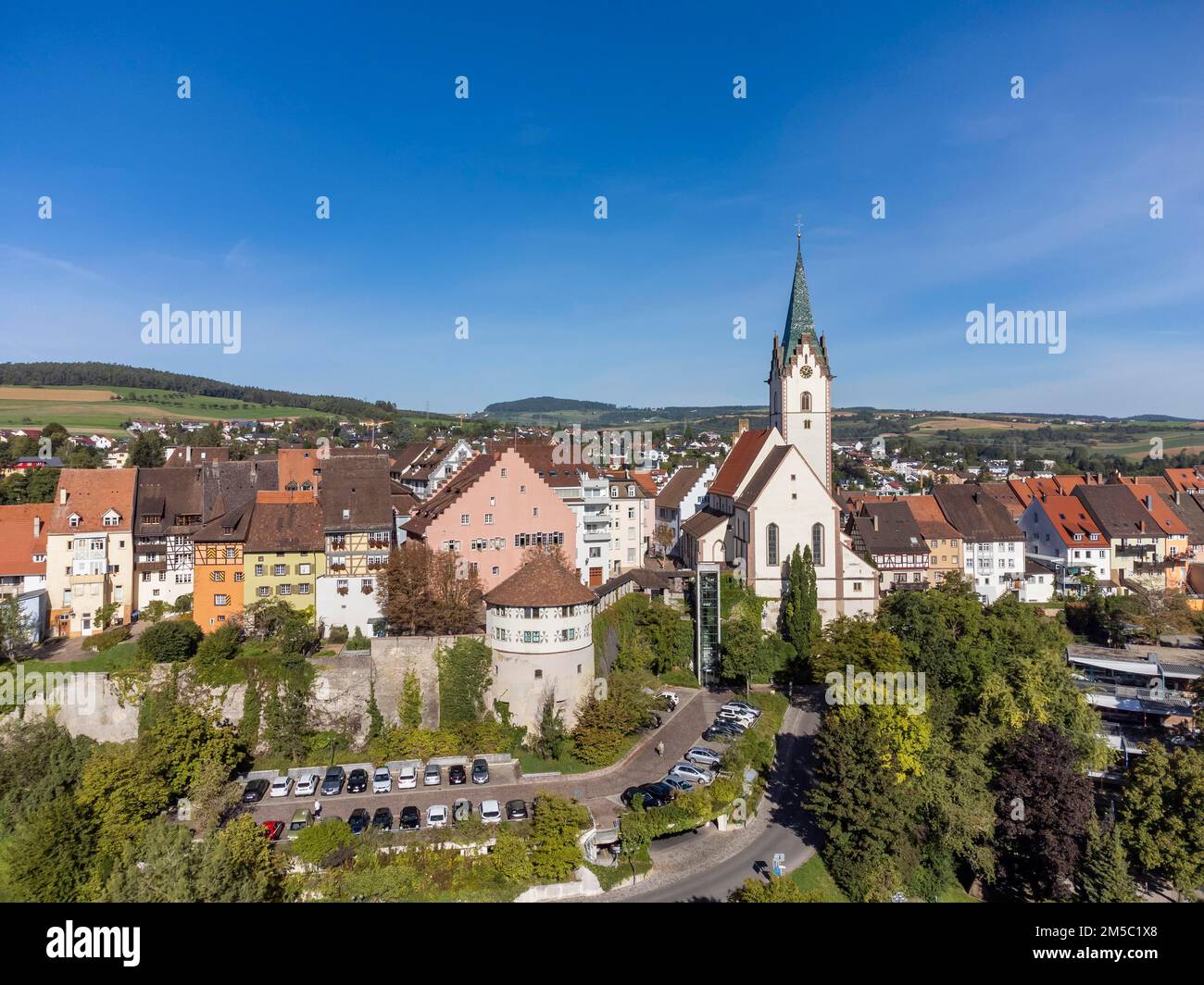 Aerial view of the town of Engen with the Church of the Assumption of ...