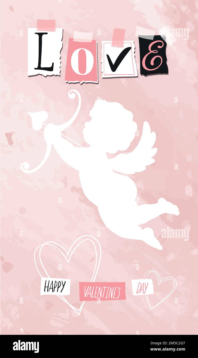 Valentine s day card with cupid and word Love from newspaper letters ...
