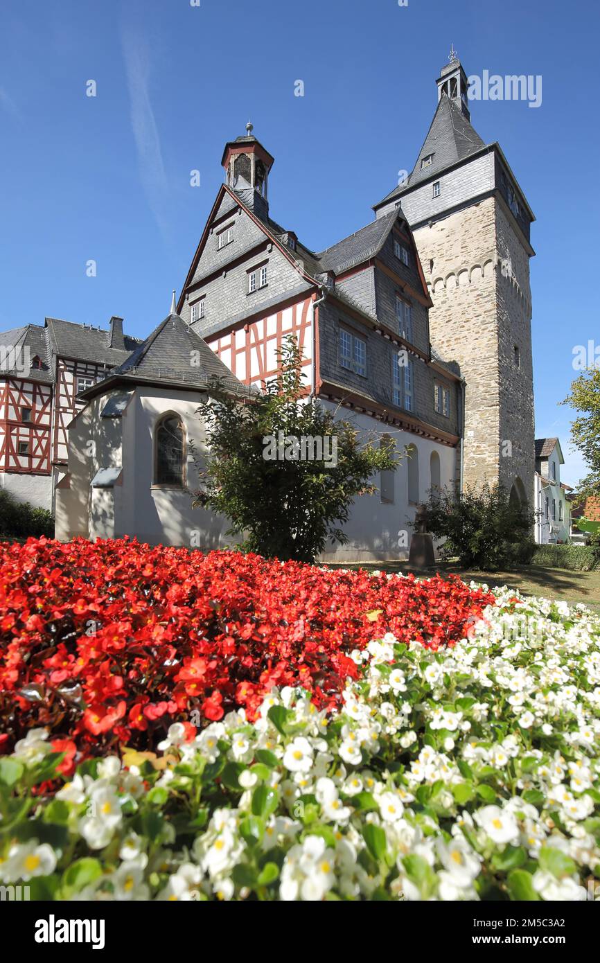 Historic Hohenfeld Chapel and Upper Gate Tower, flowerbed, chapel, Bad ...