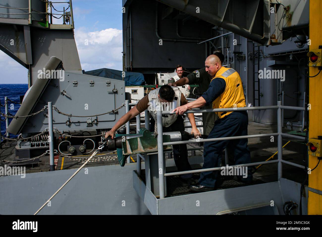 PHILIPPINE SEA (Feb. 27, 2022) Sailors bring in the ship’s torpedo ...