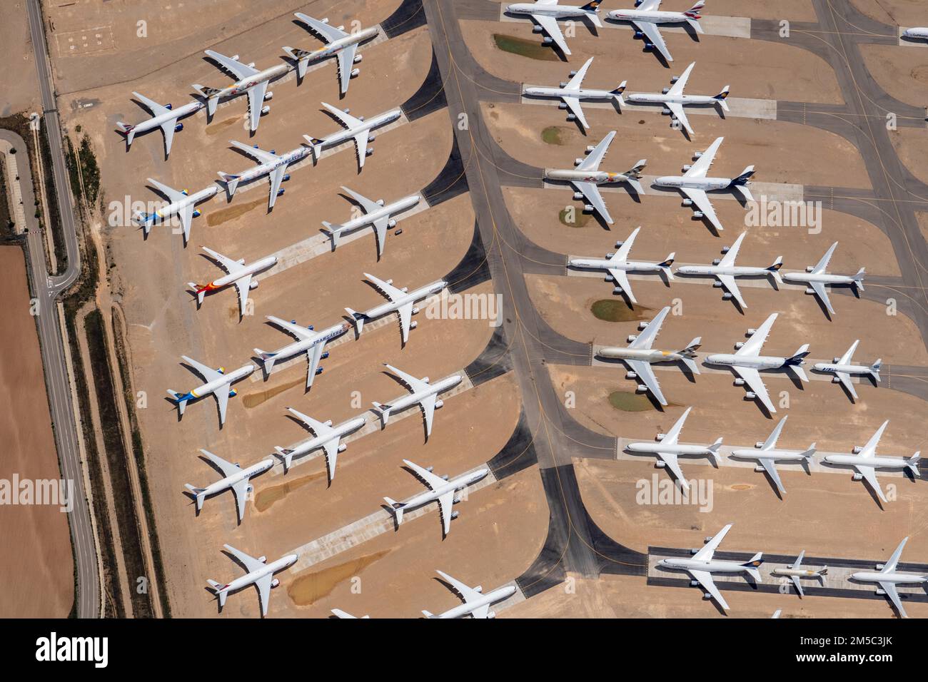 Aerial view of parked commercial aircraft at Teruel Airport in Aragon ...