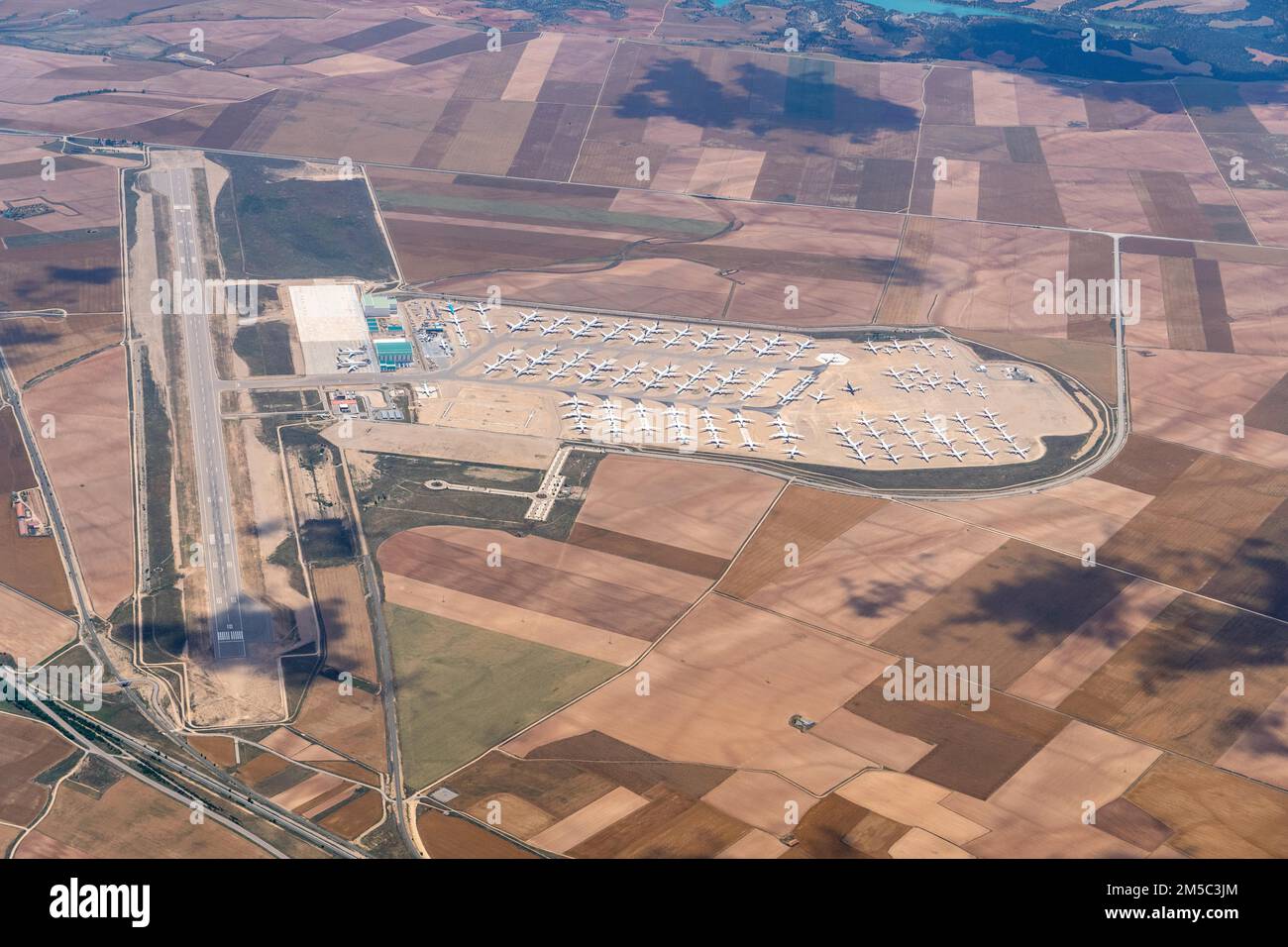 Aerial view of parked commercial aircraft at Teruel Airport in Aragon ...
