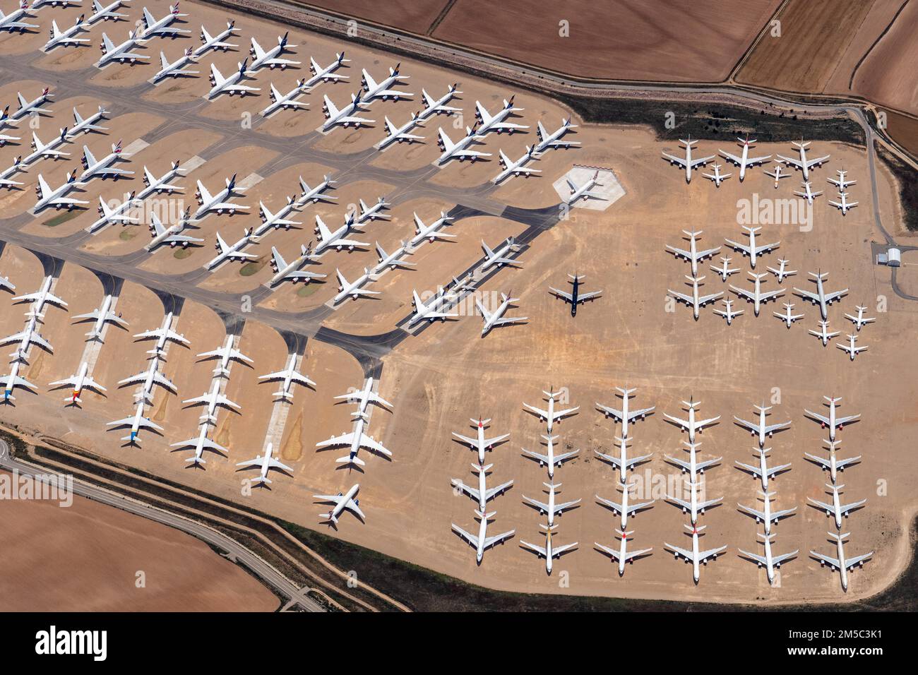 Aerial view of parked commercial aircraft at Teruel Airport in Aragon ...