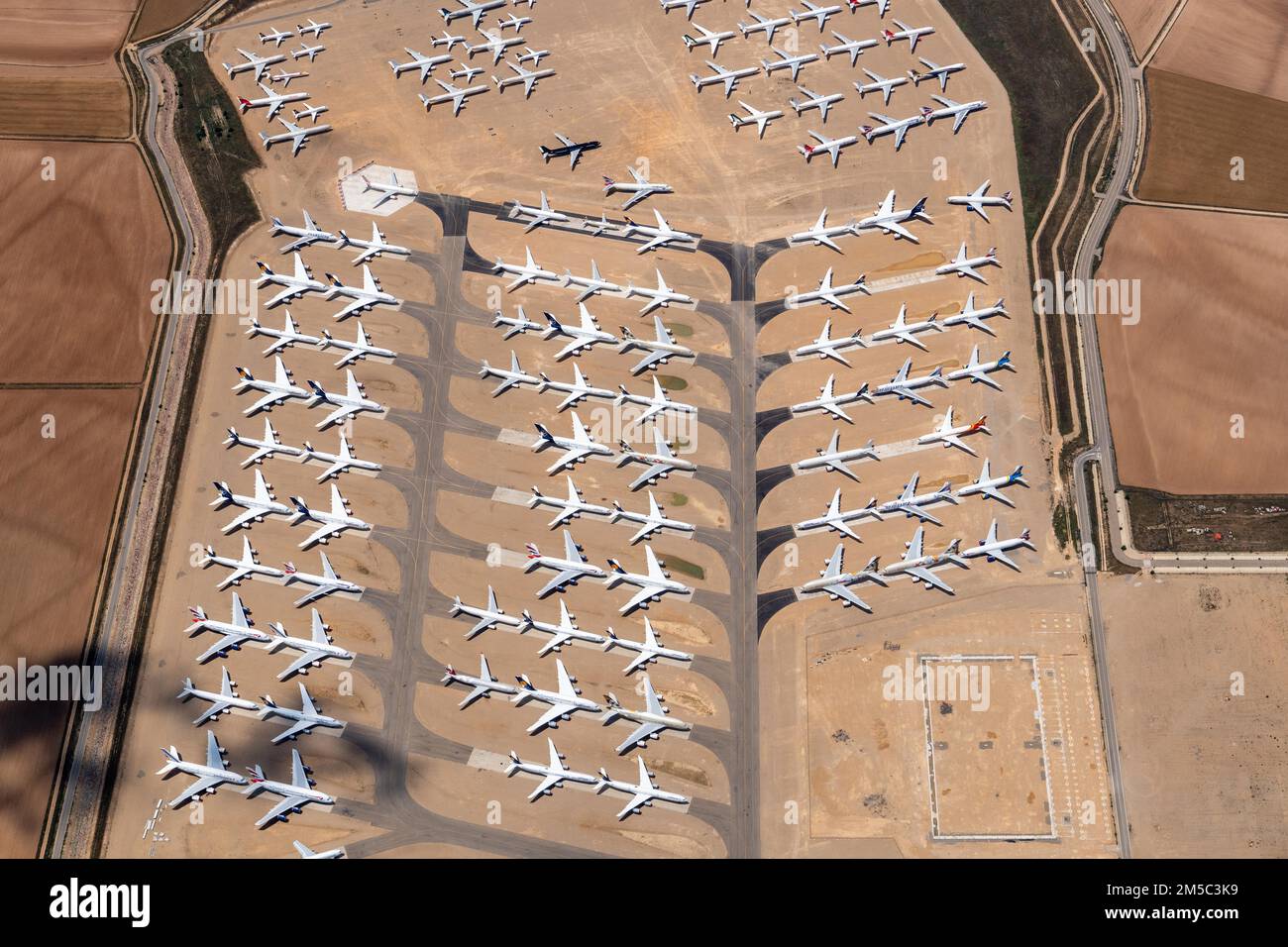 Aerial view of parked commercial aircraft at Teruel Airport in Aragon ...