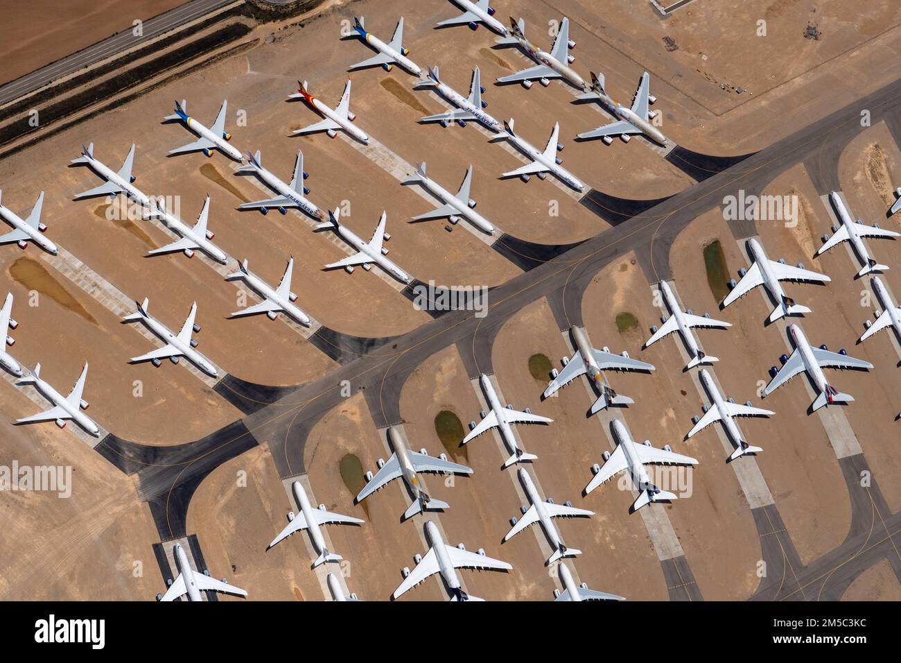 Aerial view of parked commercial aircraft at Teruel Airport in Aragon ...