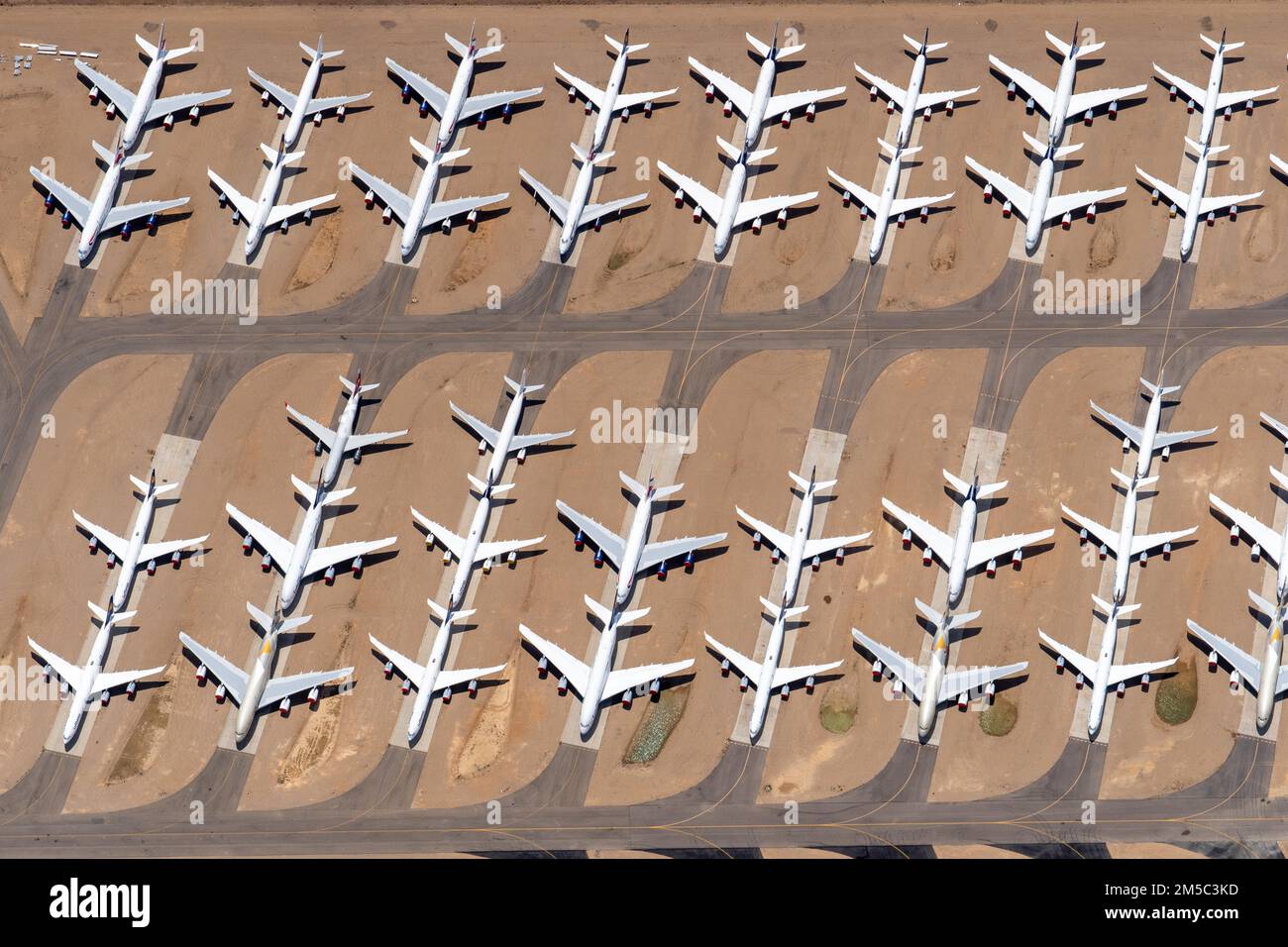 Aerial view of parked commercial aircraft at Teruel Airport in Aragon ...