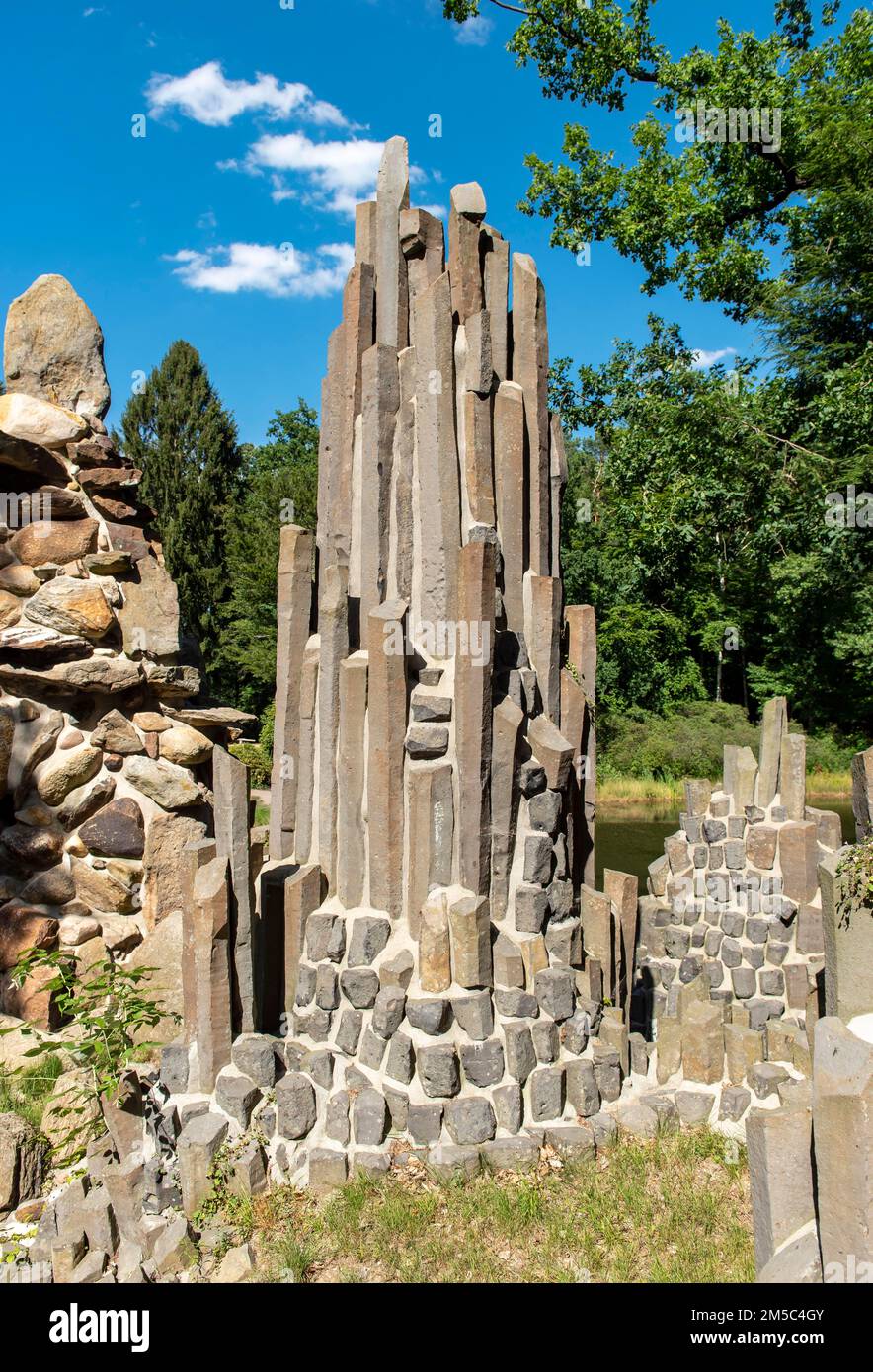Basalt sculpture, Azalea and Rhododendron Park Kromlau, Germany Stock ...