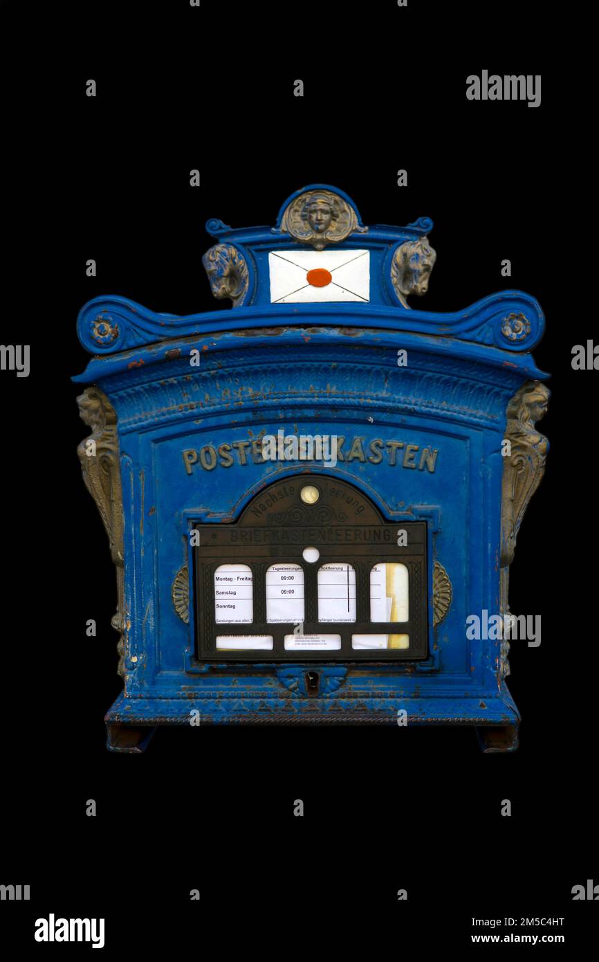 Old blue mailbox with black background, Brandenburg an der Havel ...