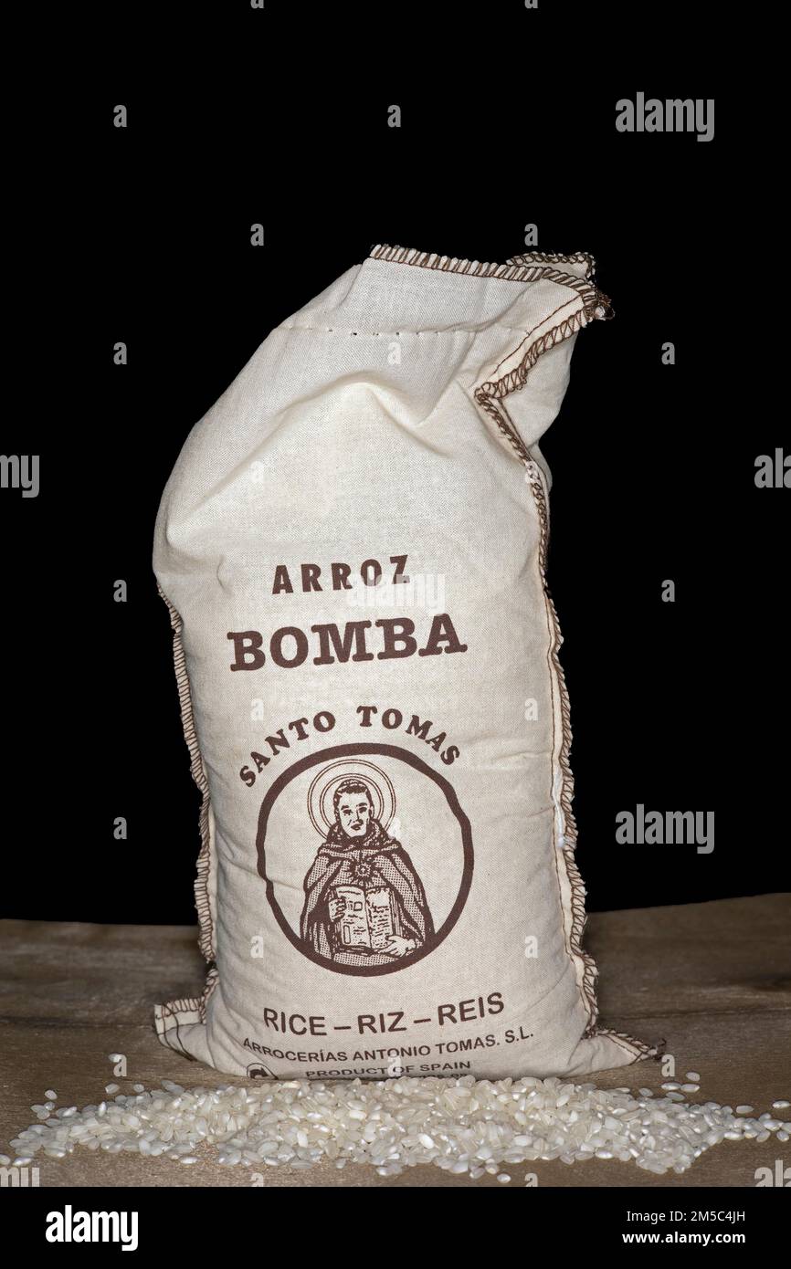 Spanish paella rice, of the Bomba variety, in a cotton bag, food ...