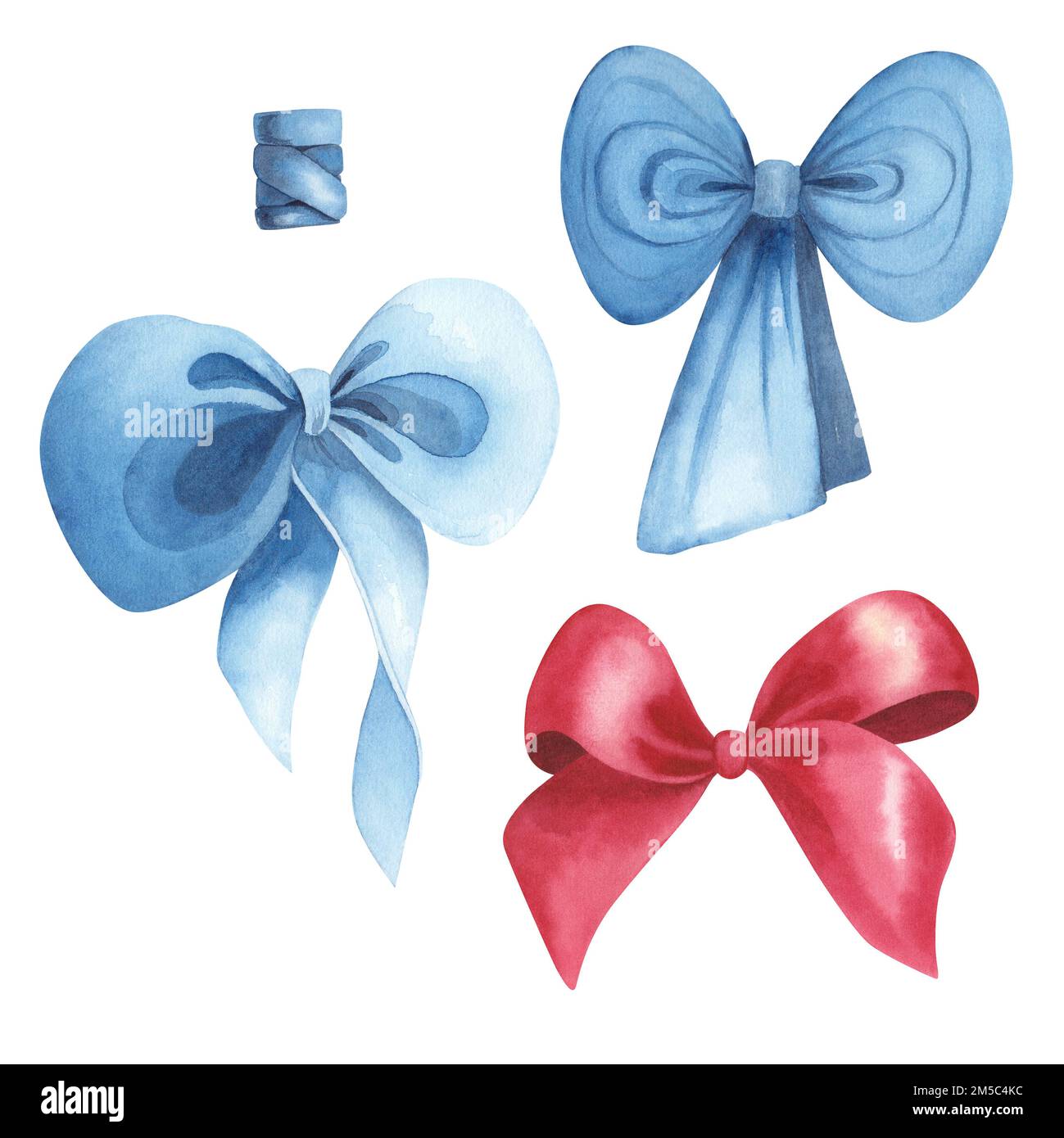 Set Blue silk ribbon bow isolated on white background. Watercolor hand drawn illustration. Art ...