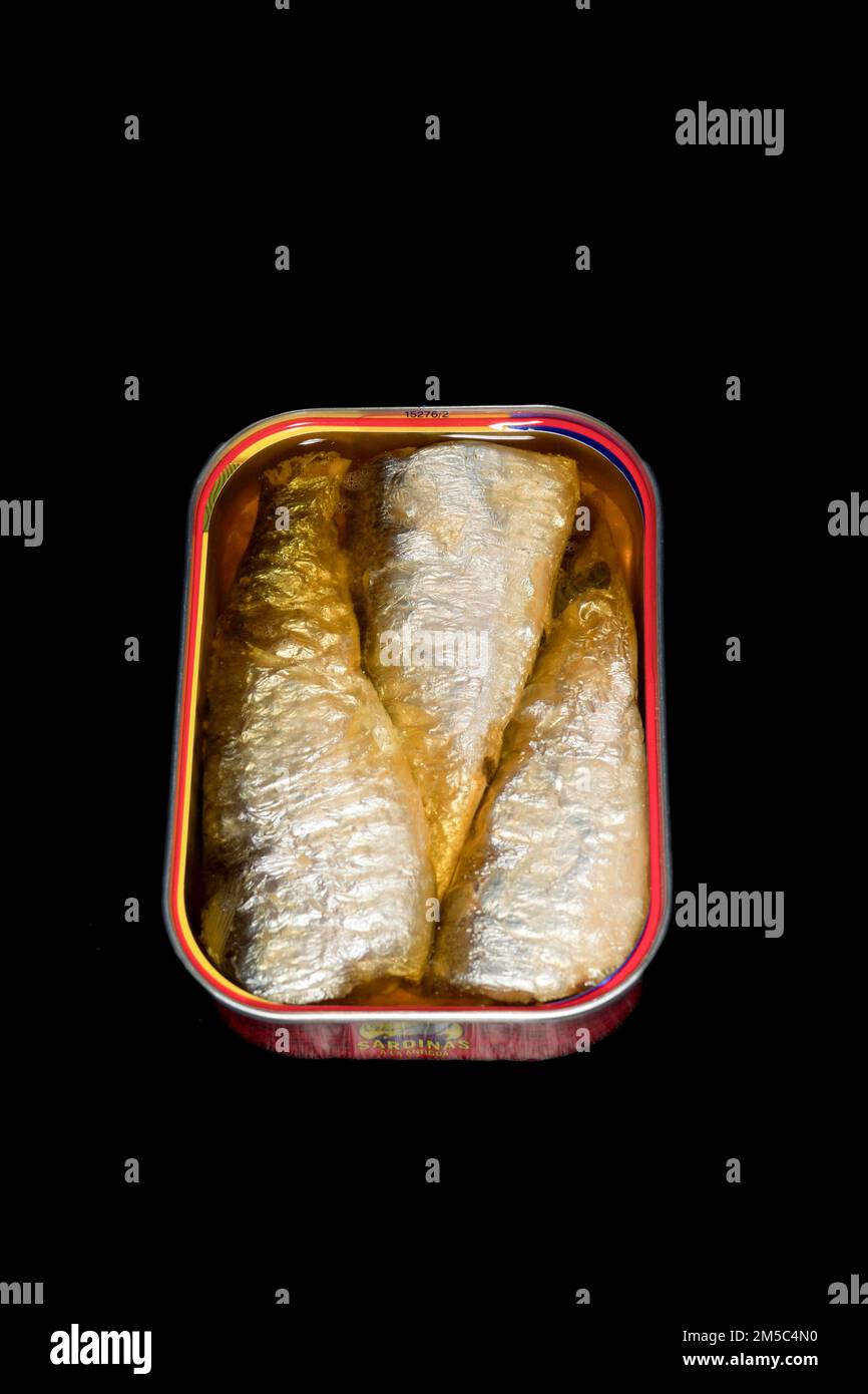 Handpicked Spanish sardines pickled in olive oil, food photography with ...