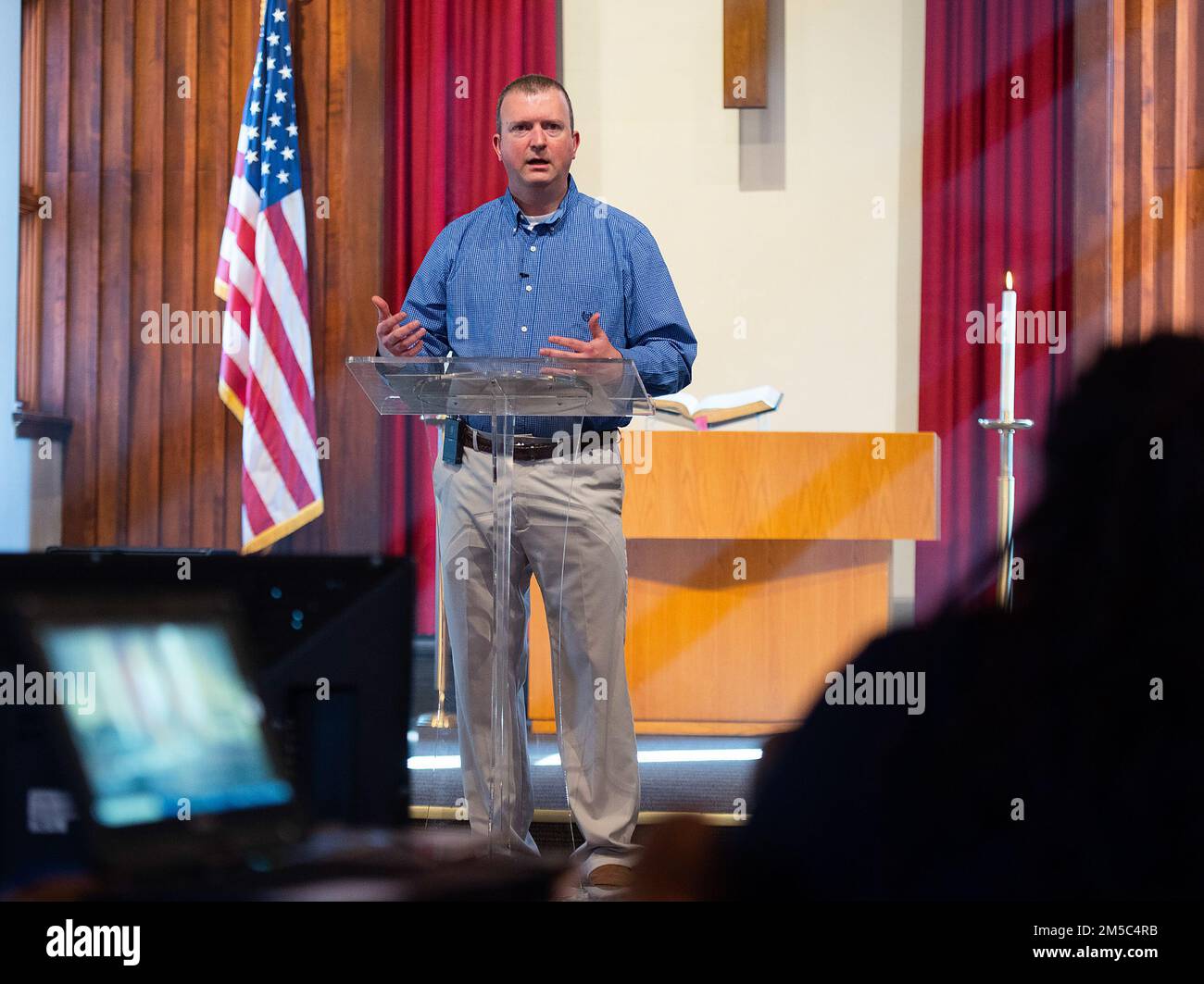 Chaplain (Maj.) Tom Fussell, 88th Air Base Wing chaplain, delivers the ...