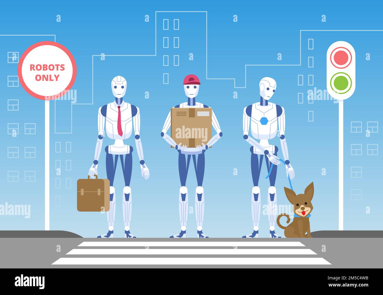 Robot with suitcase, android with box, cyborg with dog. Robots stands ...