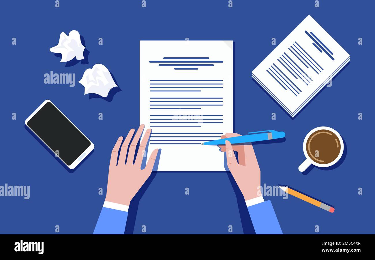 Writer writing on paper sheet vector illustration, flat cartoon person ...