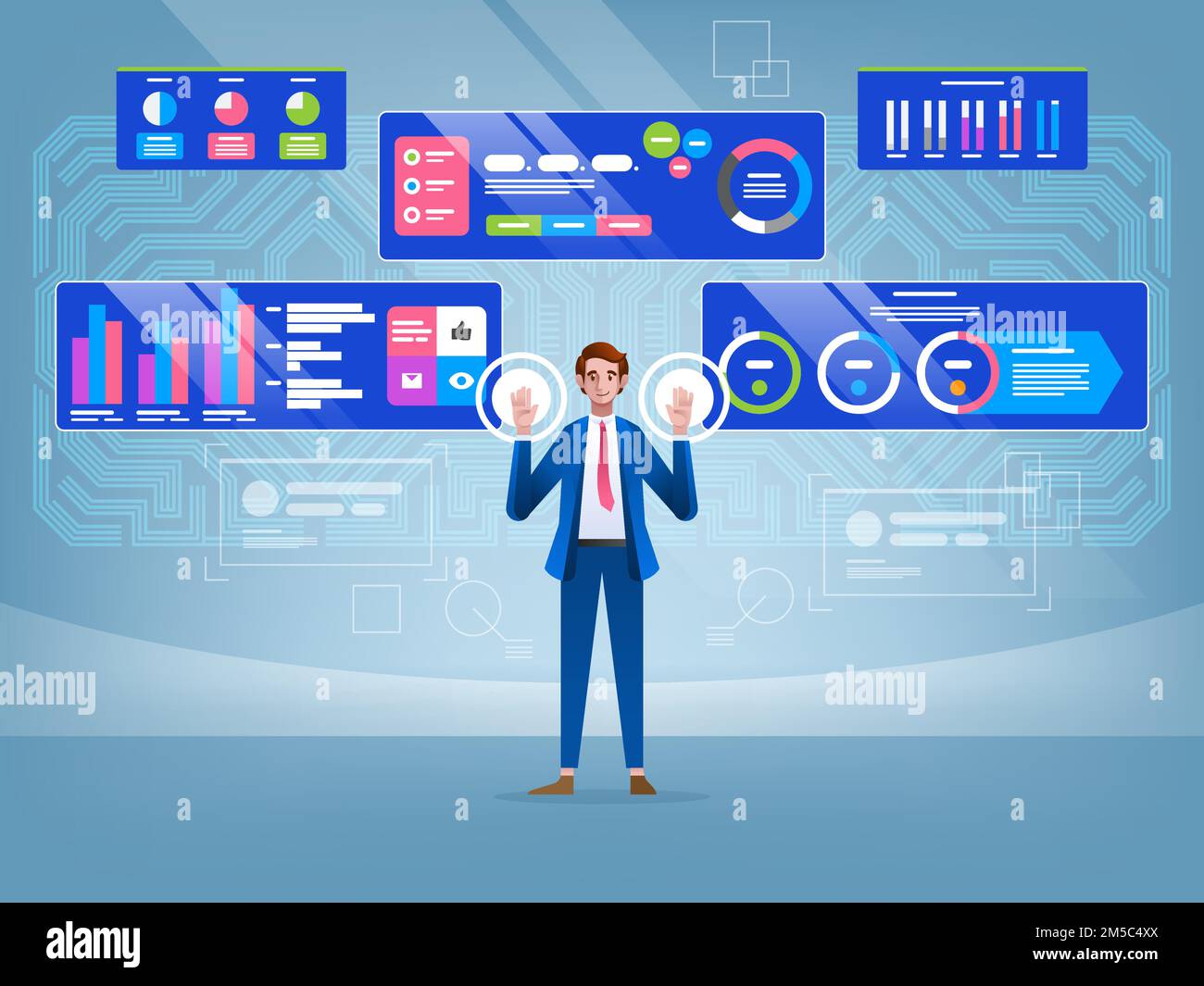 Virtual reality. Man touching virtual interface screens. High ...