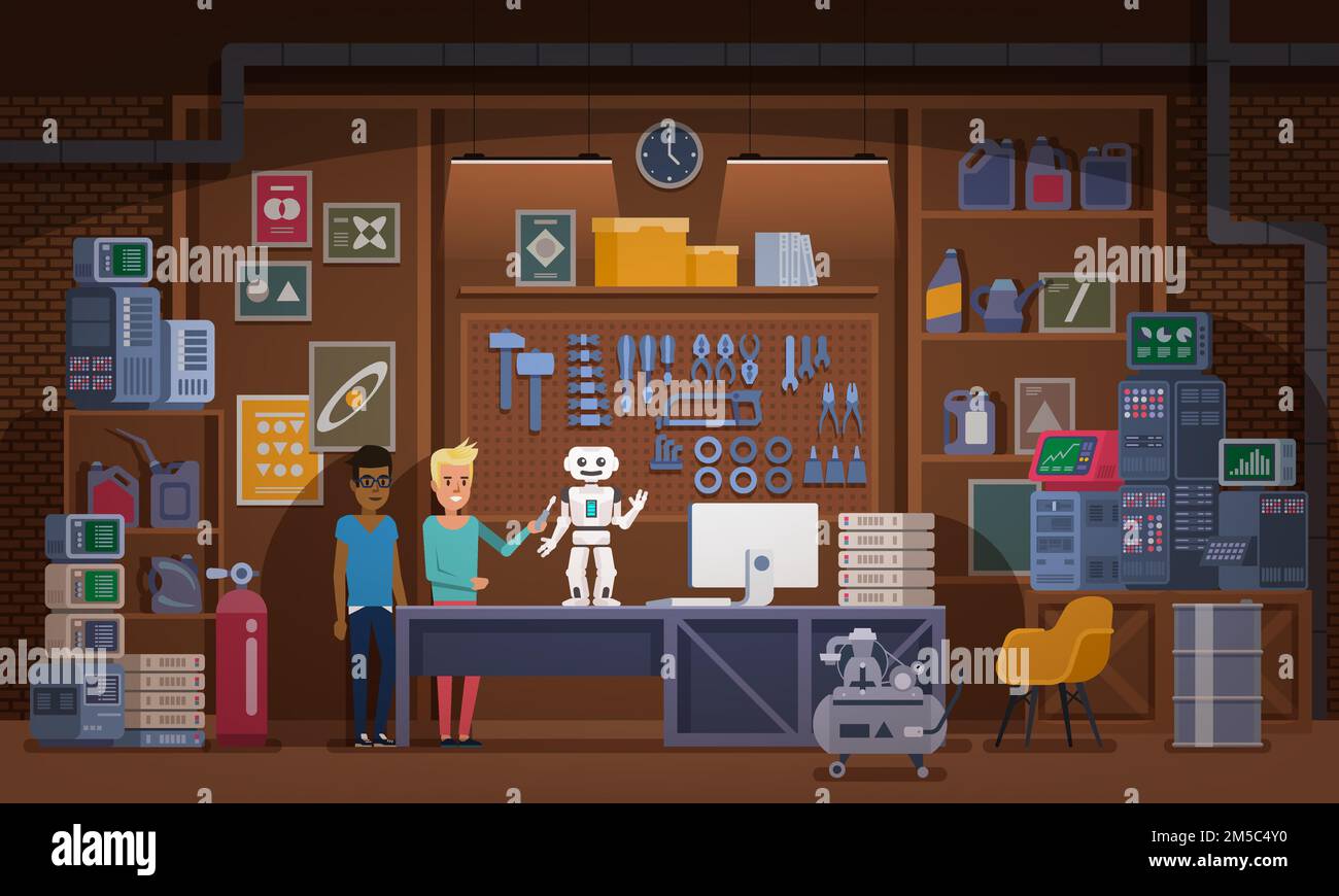 Little boy and his friend working together on robot in garage workshop ...