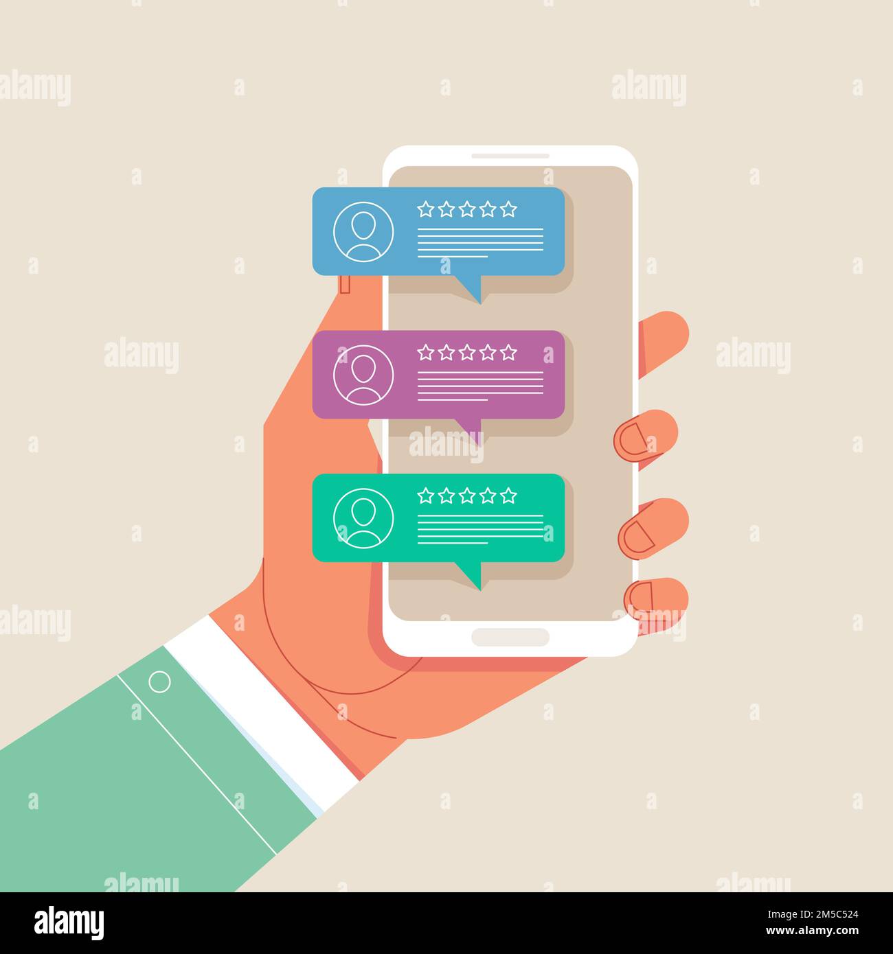 Review rating bubble speeches on mobile phone vector illustration, flat ...