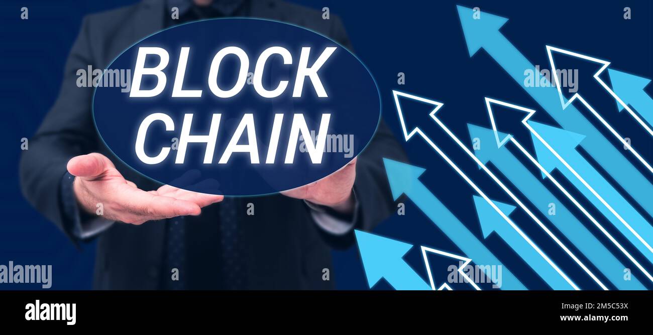 Text sign showing Block Chain. Concept meaning system in which a record ...
