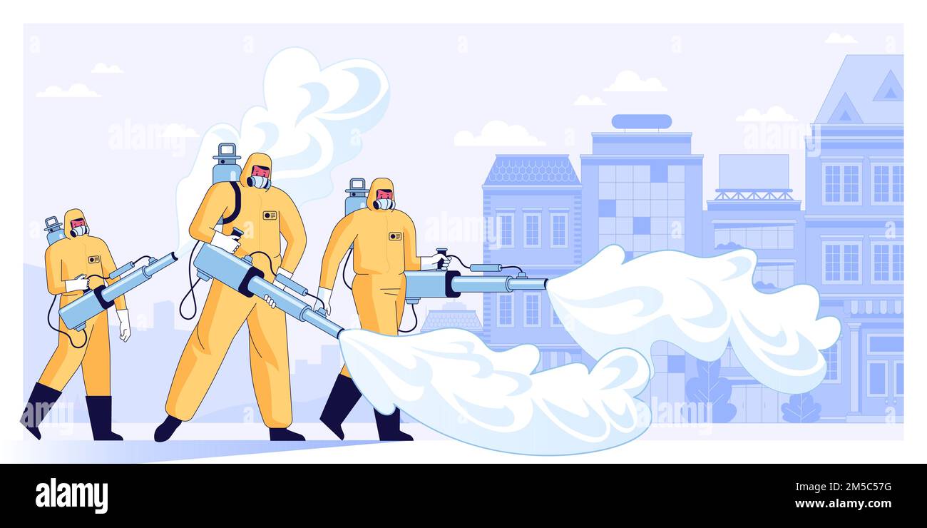 Vector illustration of Disinfectant workers or medical scientists in ...