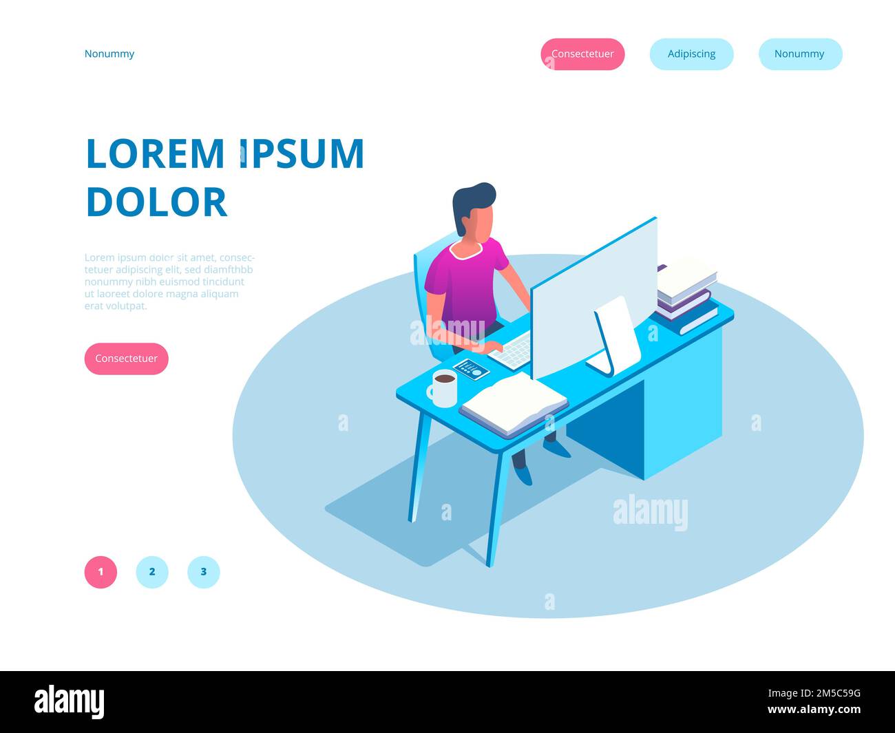 Young man working on the computer programmer, business analysis, design, strategy. Isometric ...