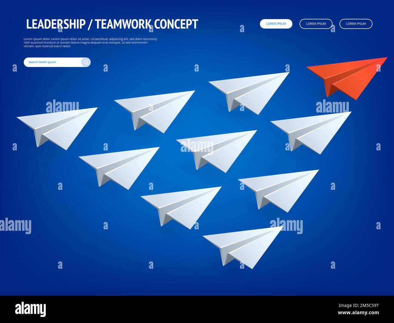 Unique red isometric paper plane and many white ones on sky background ...