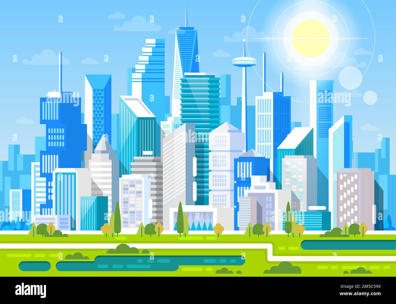 Cityscape with different buildings. Private houses, cottage with parks ...