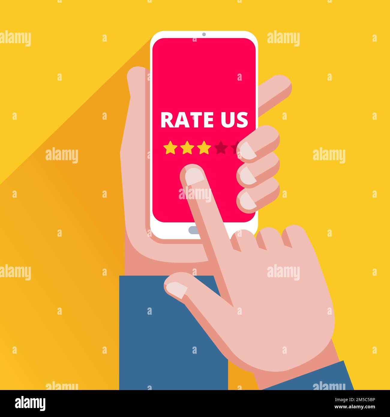 Hand holding and pointing smartphone with five star rating on screen ...