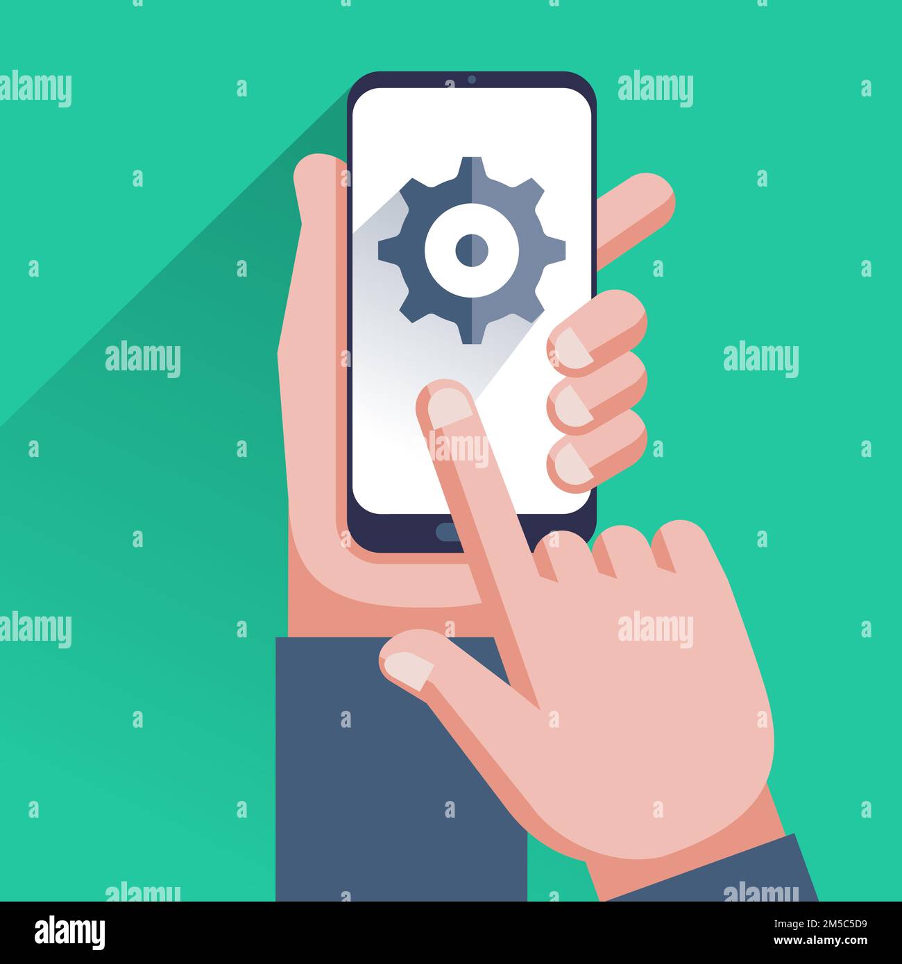 Settings on smartphone screen. Hand holding cellphone, user touching ... Settings on smartphone screen. Hand holding cellphone, user touching ...
