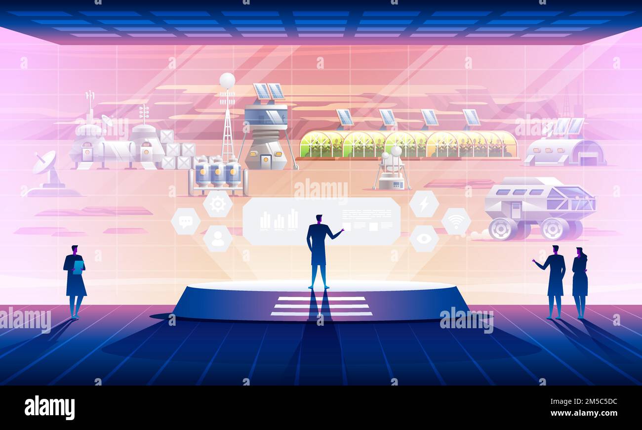 Mars colonization. Interior of the space base with view on mars ...