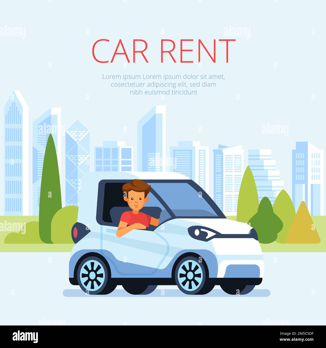 Car rental poster concept. Cartoon-style vector young man on blue car ...