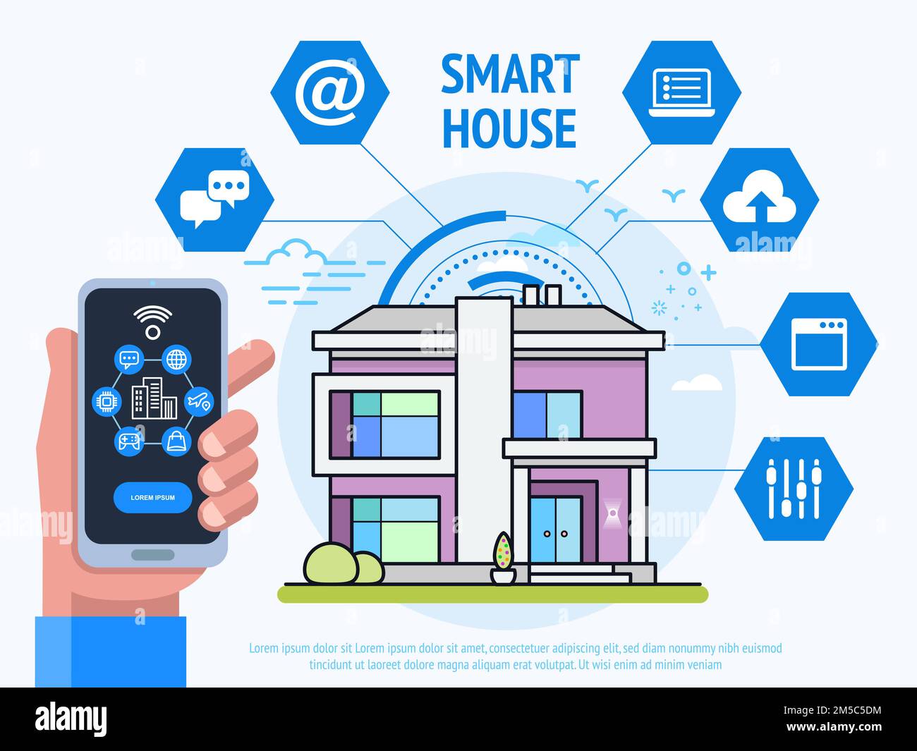 Smart House Technology Concept. Human hand holding smartphone with ...