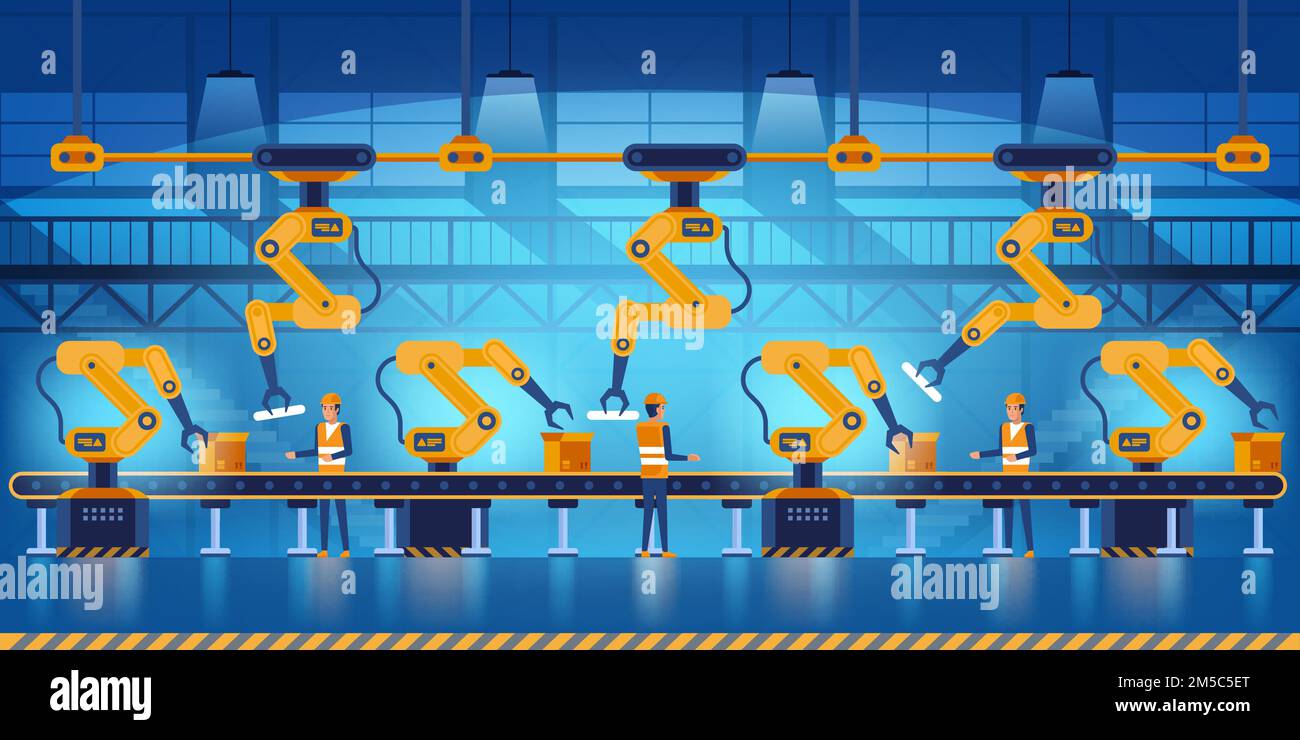 Efficient Smart Factory With Workers Robots And Assembly Line
