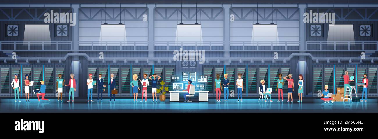 Data Center With Hosting Servers And Staff People Working In Data Center Room Hosting Server