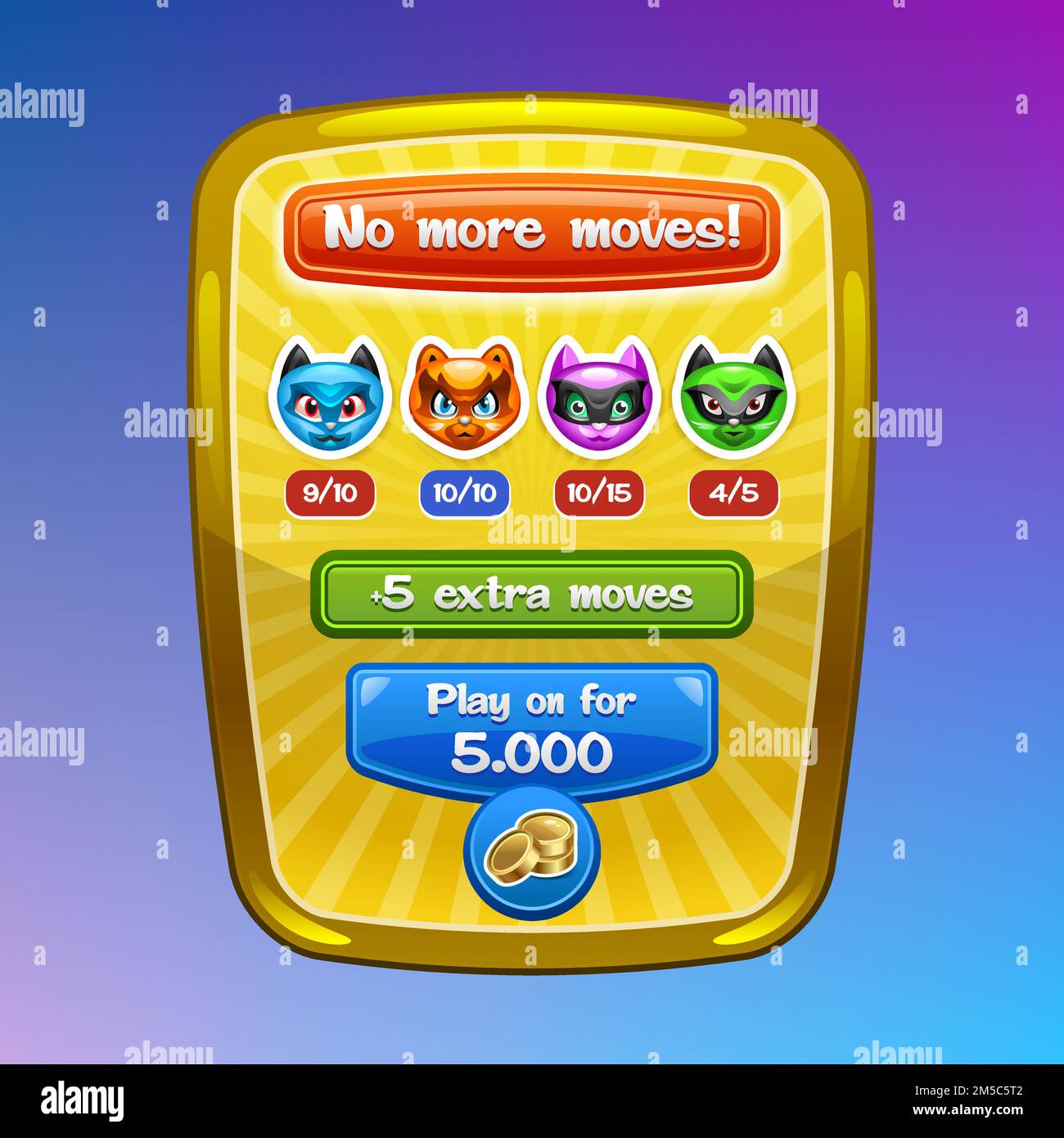 Game interface elements. No more moves screen with cartoon characters and buttons. Vector eps 10 ...