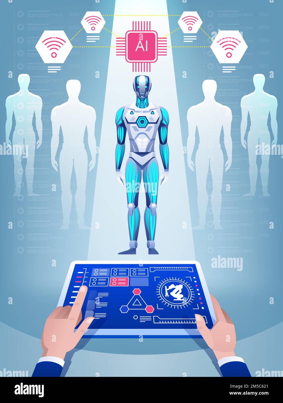 Creating a robot with artificial intelligence. Engineer's hands with a ...