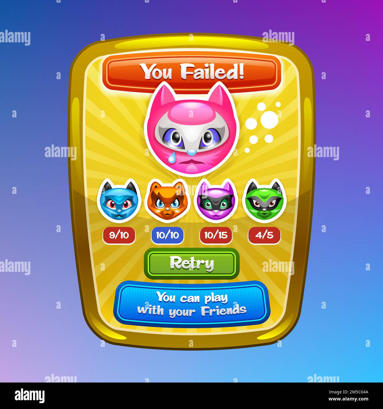 Game Interface Elements Failed Screen With Cartoon Characters And Buttons Vector Eps 10 Stock