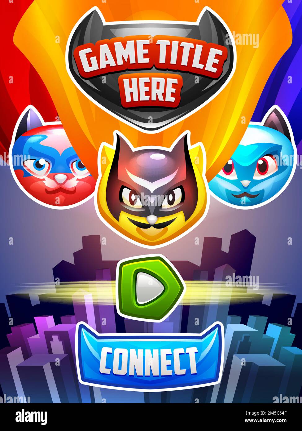 Game UI. Main screen with cats in superhero role on the colorful ...