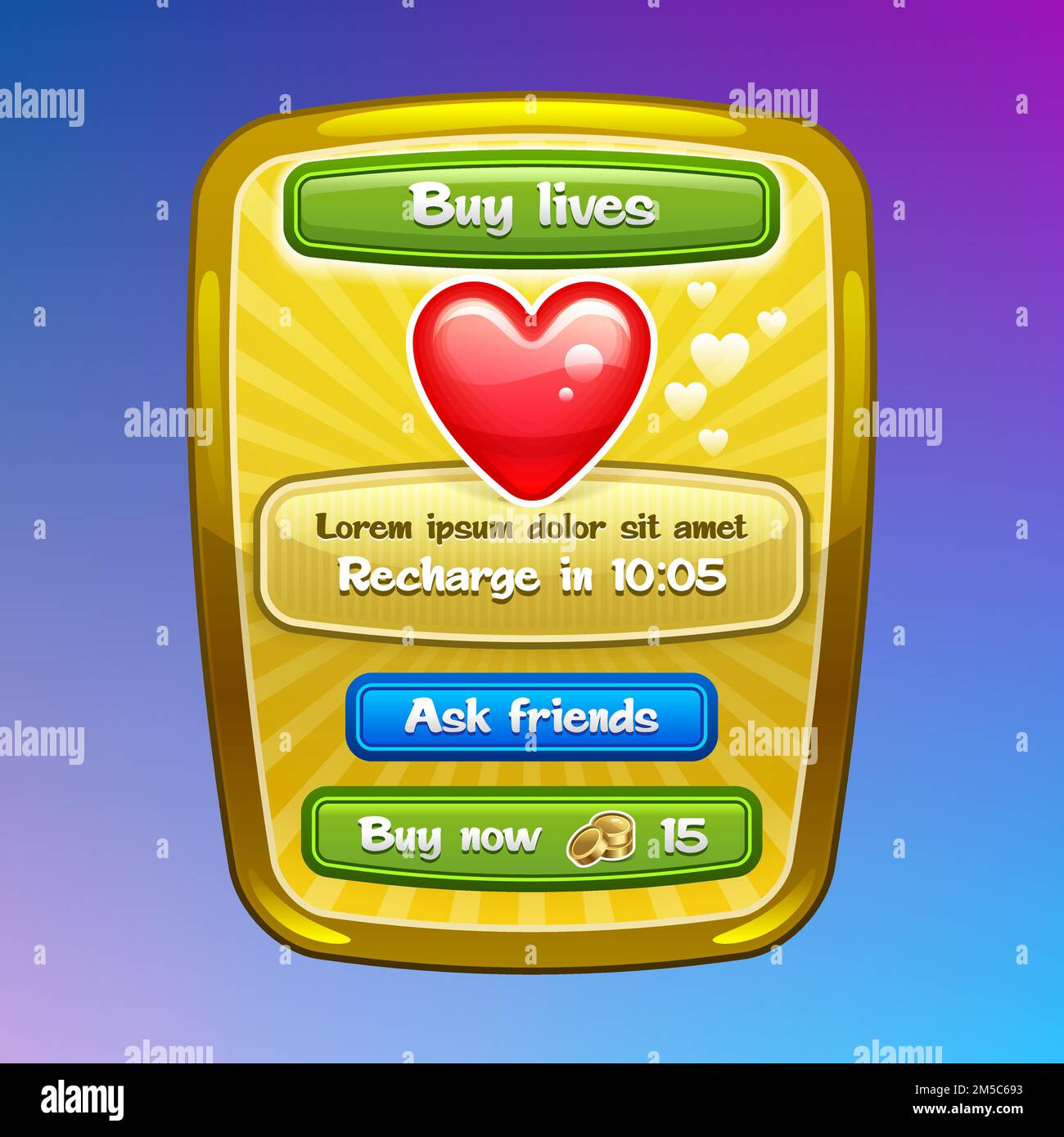 Game interface elements. Recharge screen with big red heart. Vector eps ...