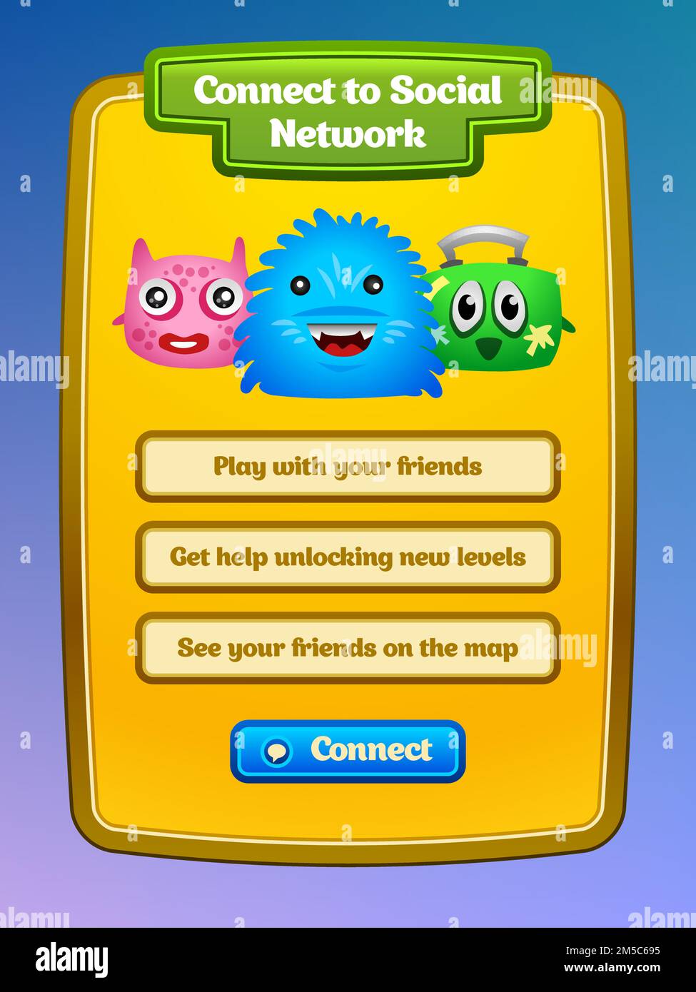Game UI. Interface game design. Connect to social network screen ...