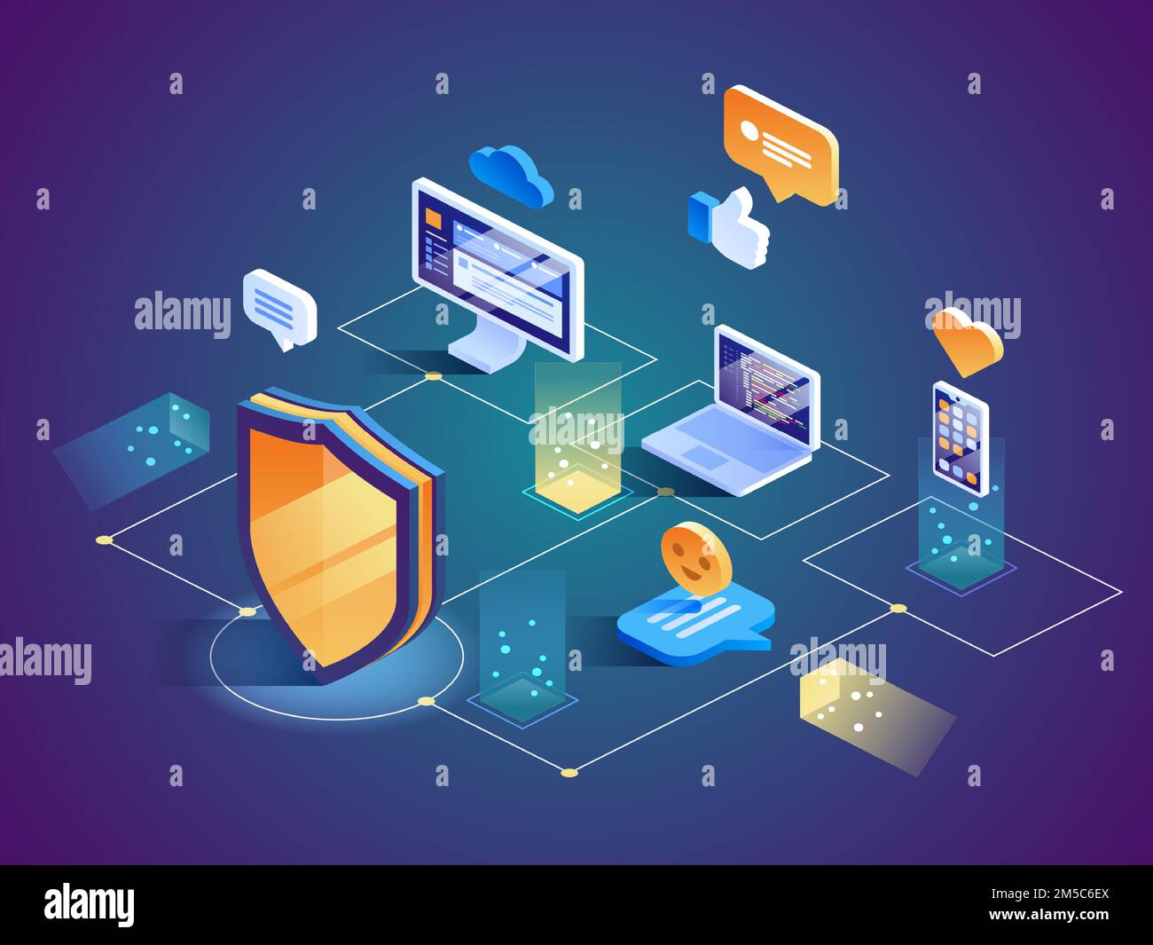 Isometric Security Data Protection concept. Server Pc monitor Tablet Phone Laptop in Cloud ...