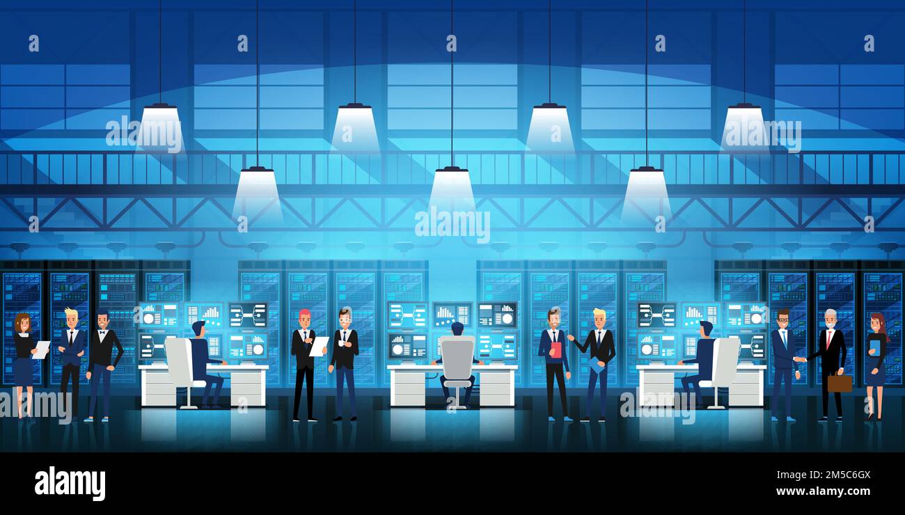 People Working In Data Center Room Hosting Server Computer Monitoring Information Database Flat ...