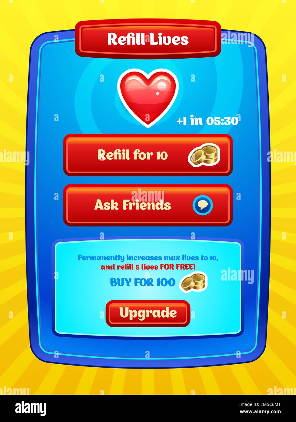 Game interface elements. Refill lives screen with red heart. Vector eps ...