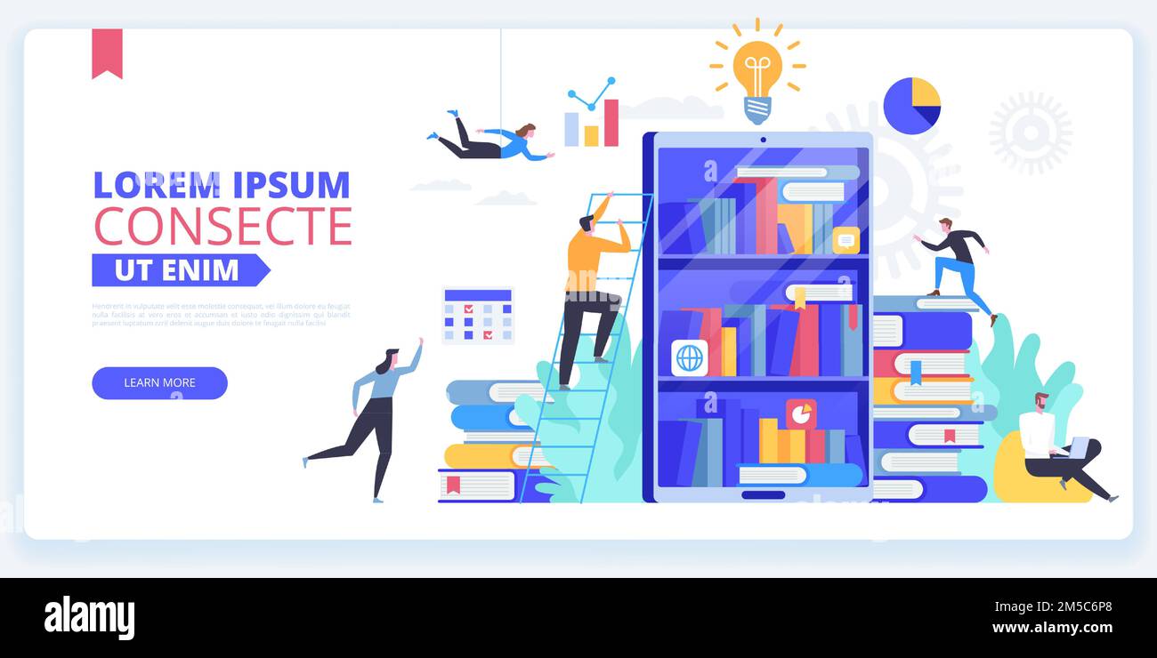 Internet library landing page vector template. E library website ...