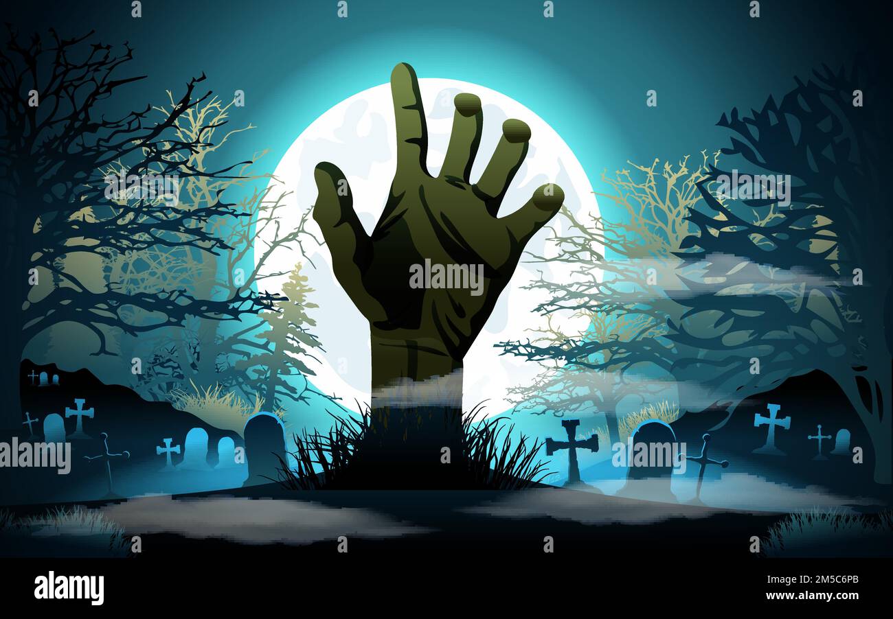 Halloween background. Zombie hand rising out from the ground. Vector ...