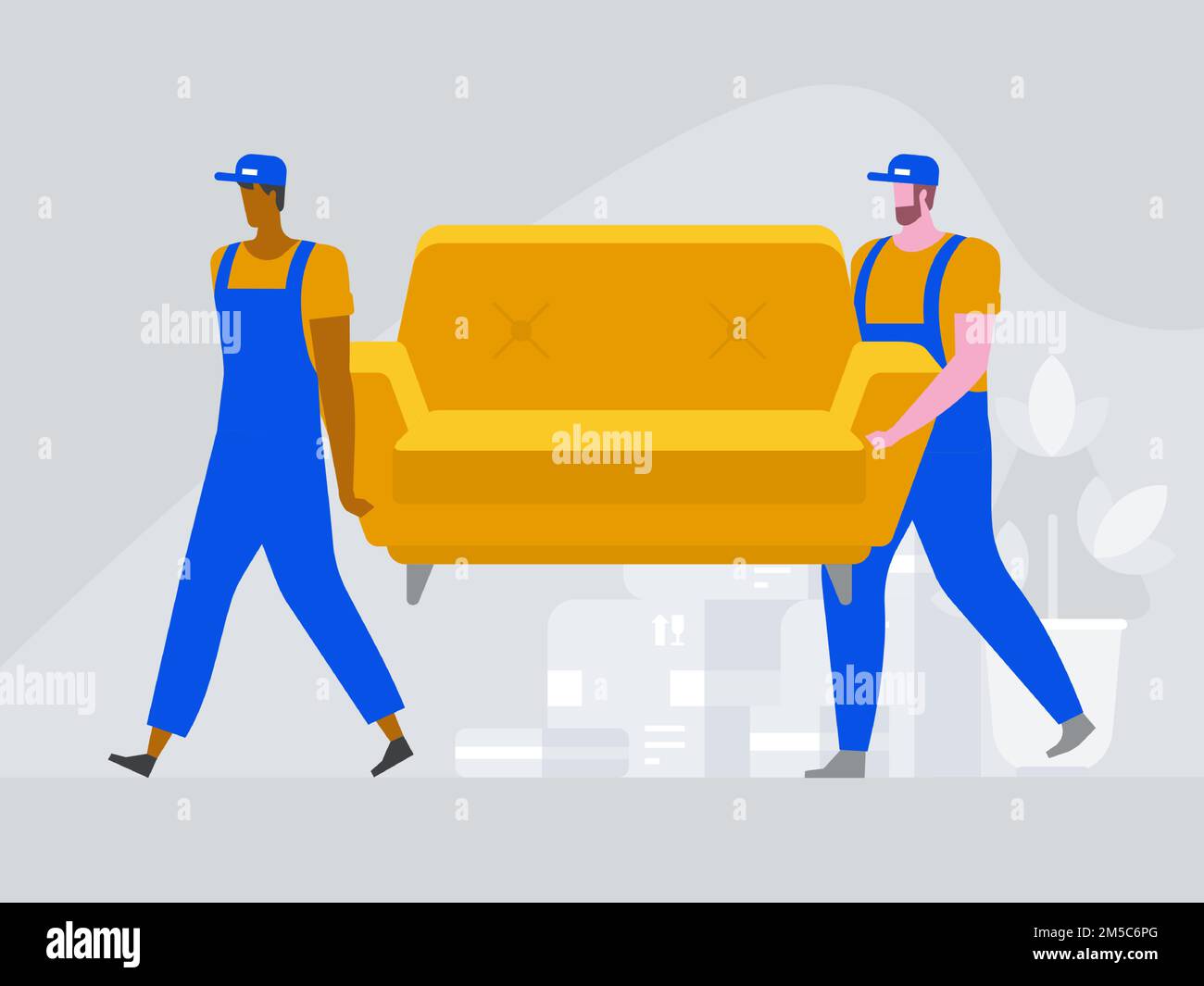 Two workers are carrying a sofa. Moving boxes in new house. Vector flat ...