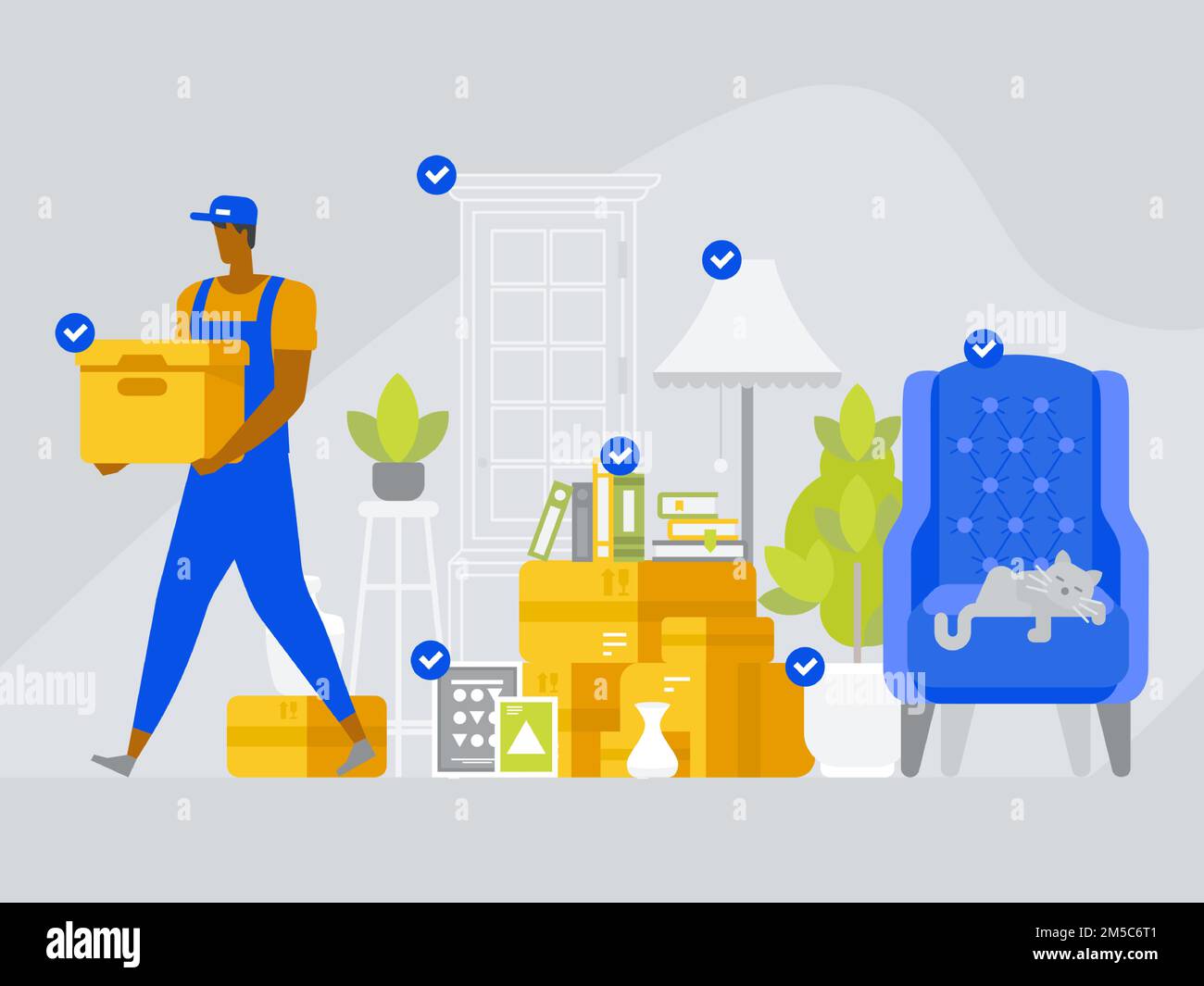 Man in uniform with cardboard boxes. Moving House. Vector flat style ...